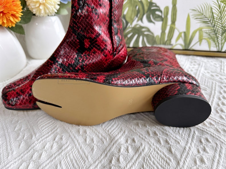 Snake Pattern Tabi Split Toe Boots, Wine Red Chunky Round Heels Tabi ...