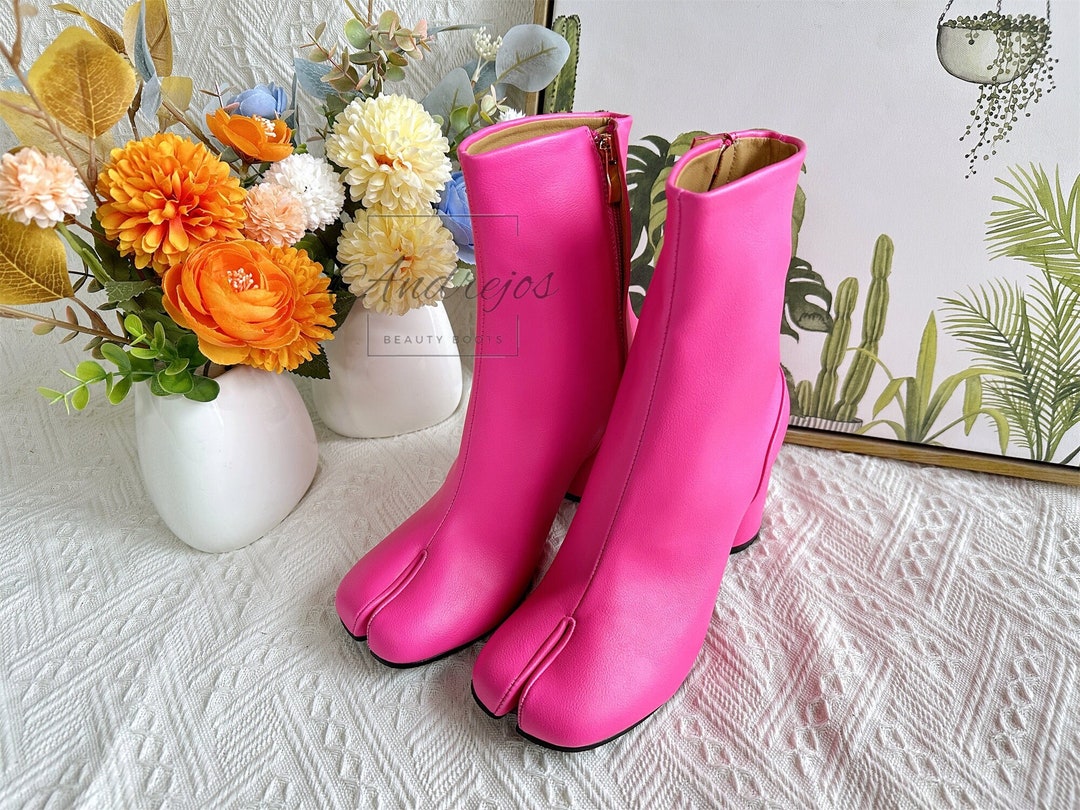 Rose Red Tabi Split Toe Boots, Women Chunky Round Heels Tabi Split Toe ...