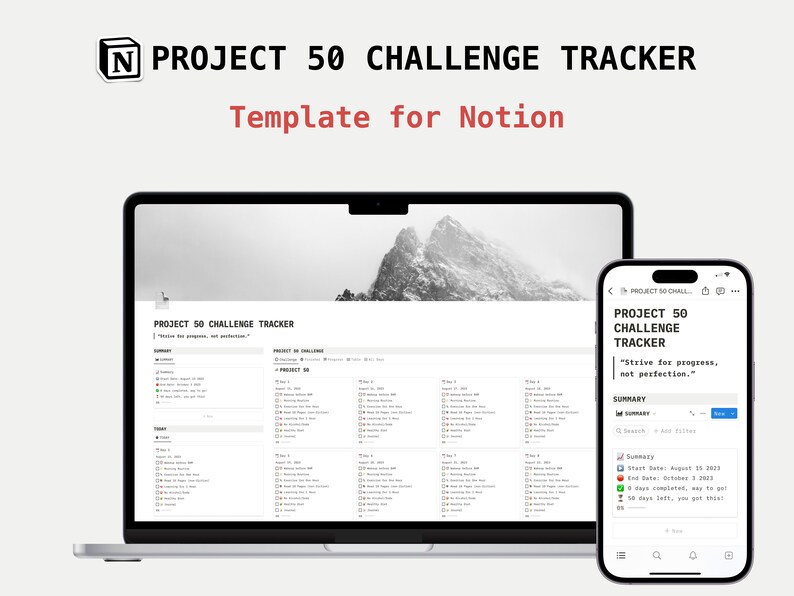 Project 50 Challenge Tracker Notion Template Daily Progress Tracker ...