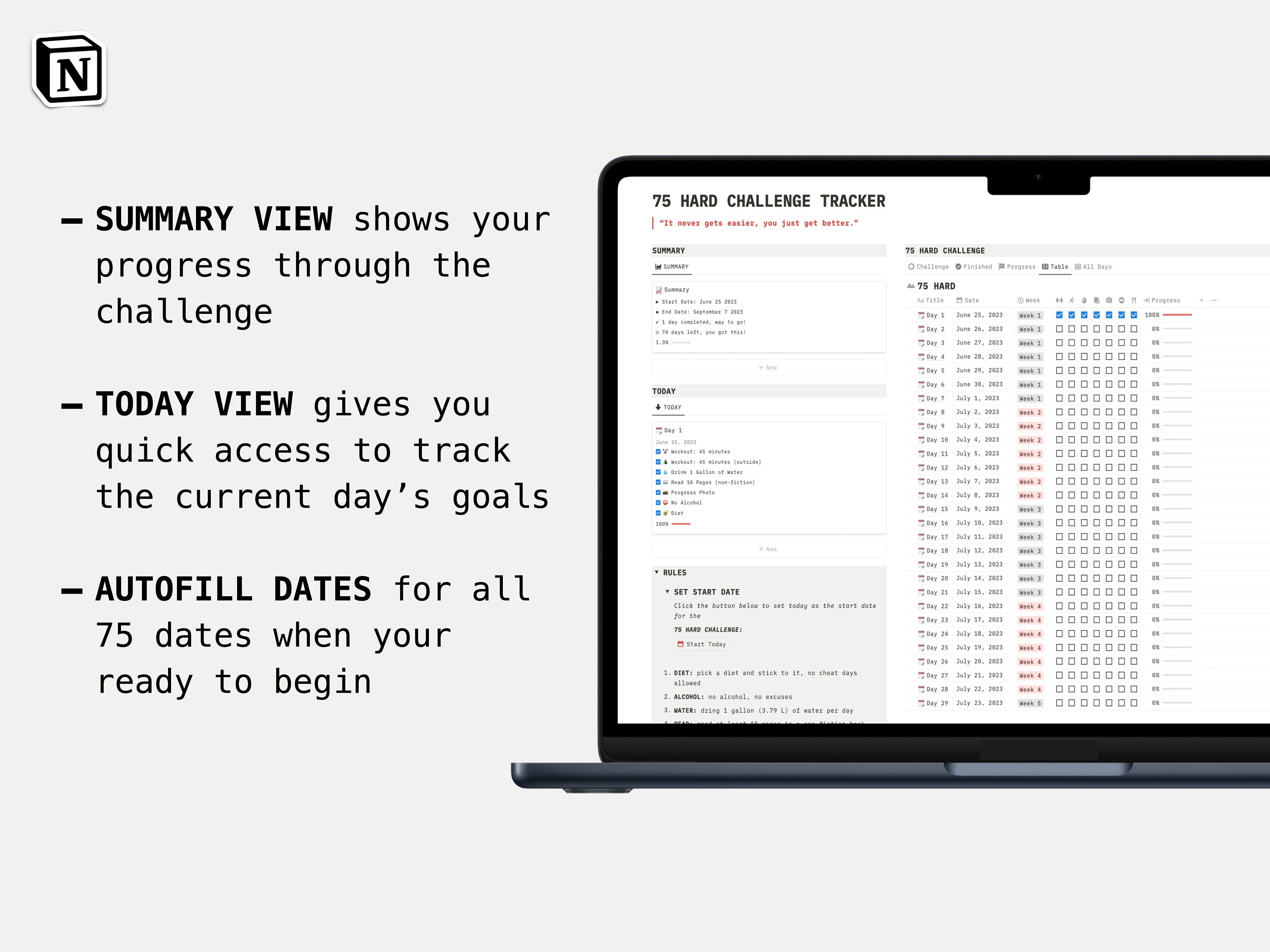 75 Hard Challenge Tracker Notion Template Daily Progress Tracker Health & Fitness, Habits, Goals ...