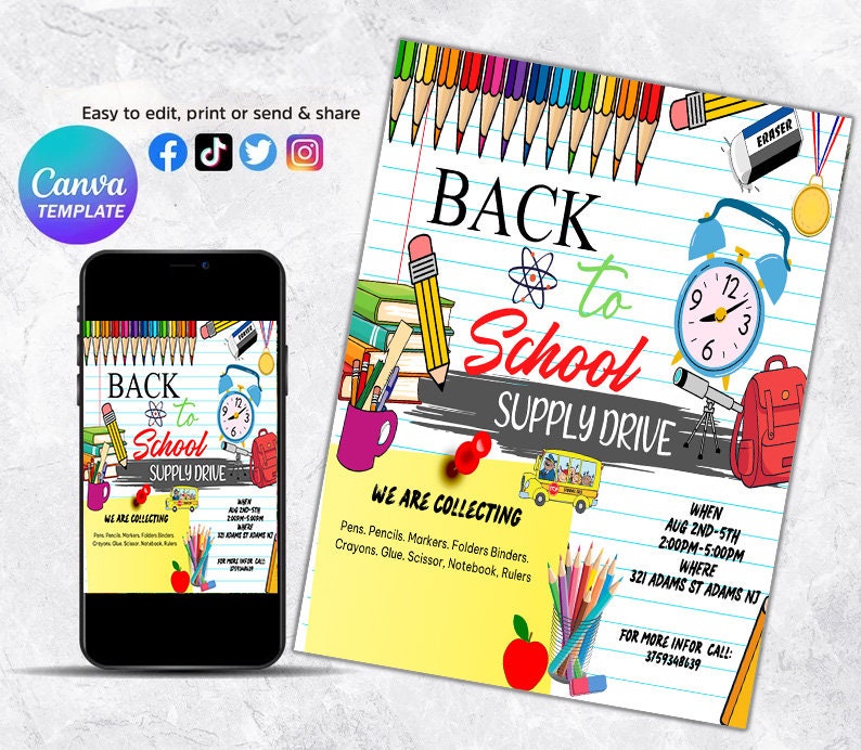 Editable School Supply Drive Flyer Template, Back to School Invite ...