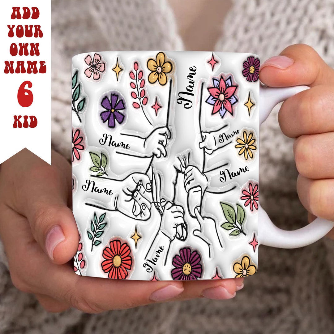 Floral Mother's Day and 6 Children Hand Mug, Personalized Holding Mom‘s ...