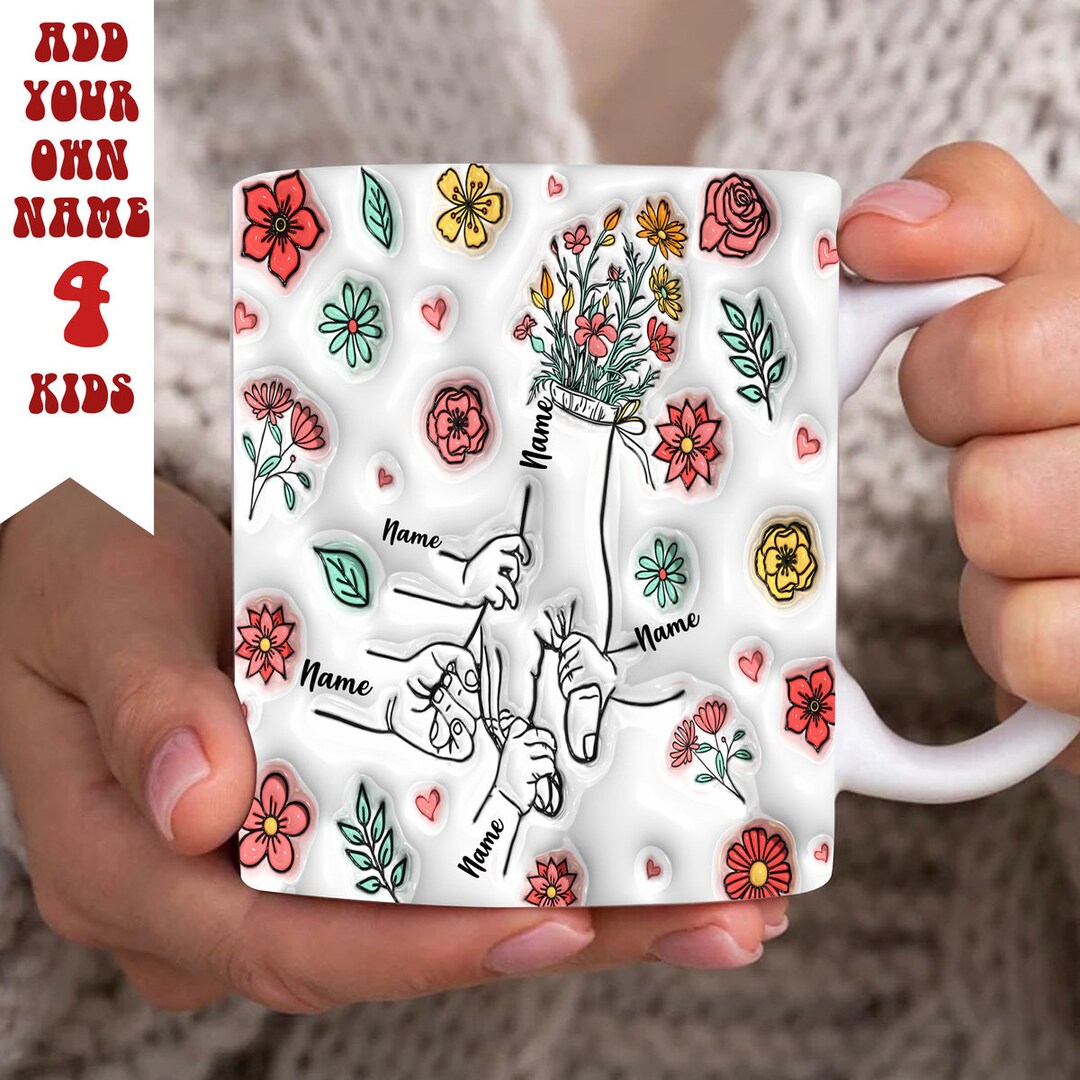 Personalized Holding Moms Hand 3D Inflated Effect Mug Design, Floral ...