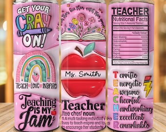 Personalized Pink Teacher 20oz Skinny Tumbler Png, Puffy Teacher ...