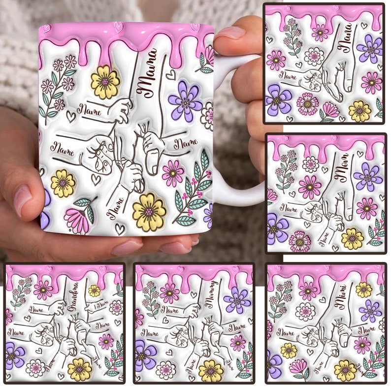 Custom Holding Moms Hand 3D Inflated Effect Mug Design, Mama Floral ...