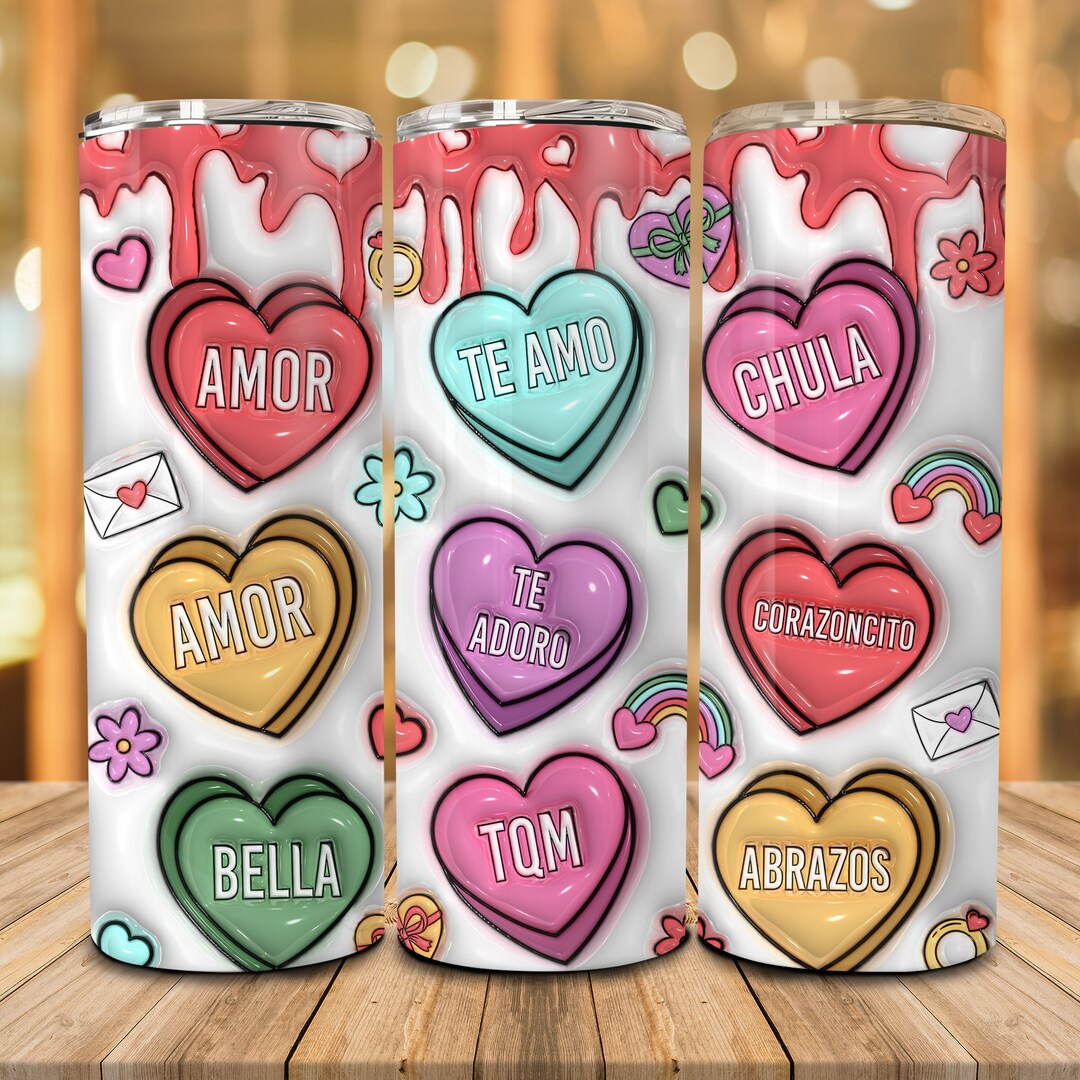 3D Inflated Spanish Conversation Hearts 20oz Skinny Tumbler, 3D Puff ...
