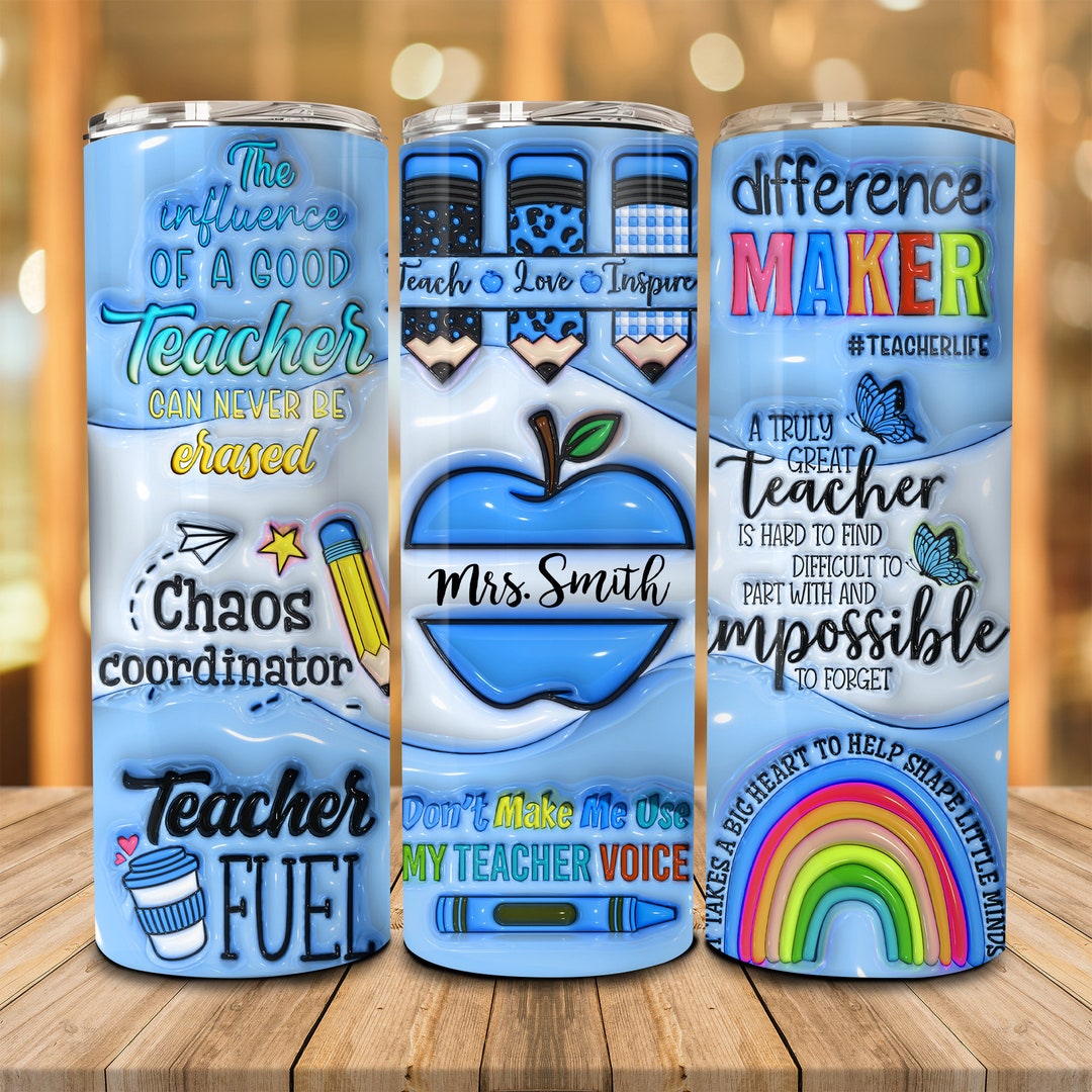 Personalized Blue Teacher 20oz Skinny Tumbler Png, 3D Inflated Teacher ...