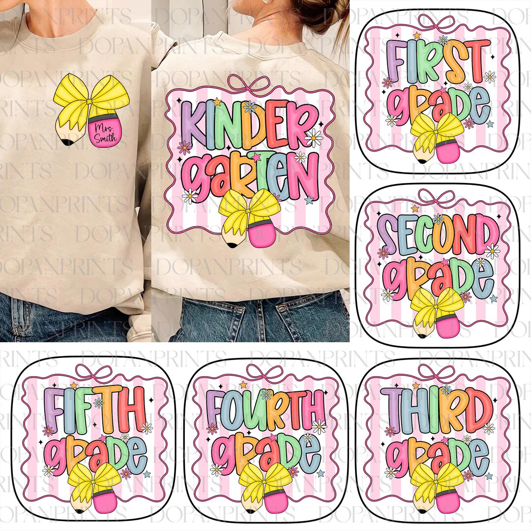 Custom Preppy Back to School PNG Bundle, Coquette Pencil Bow All Grades ...