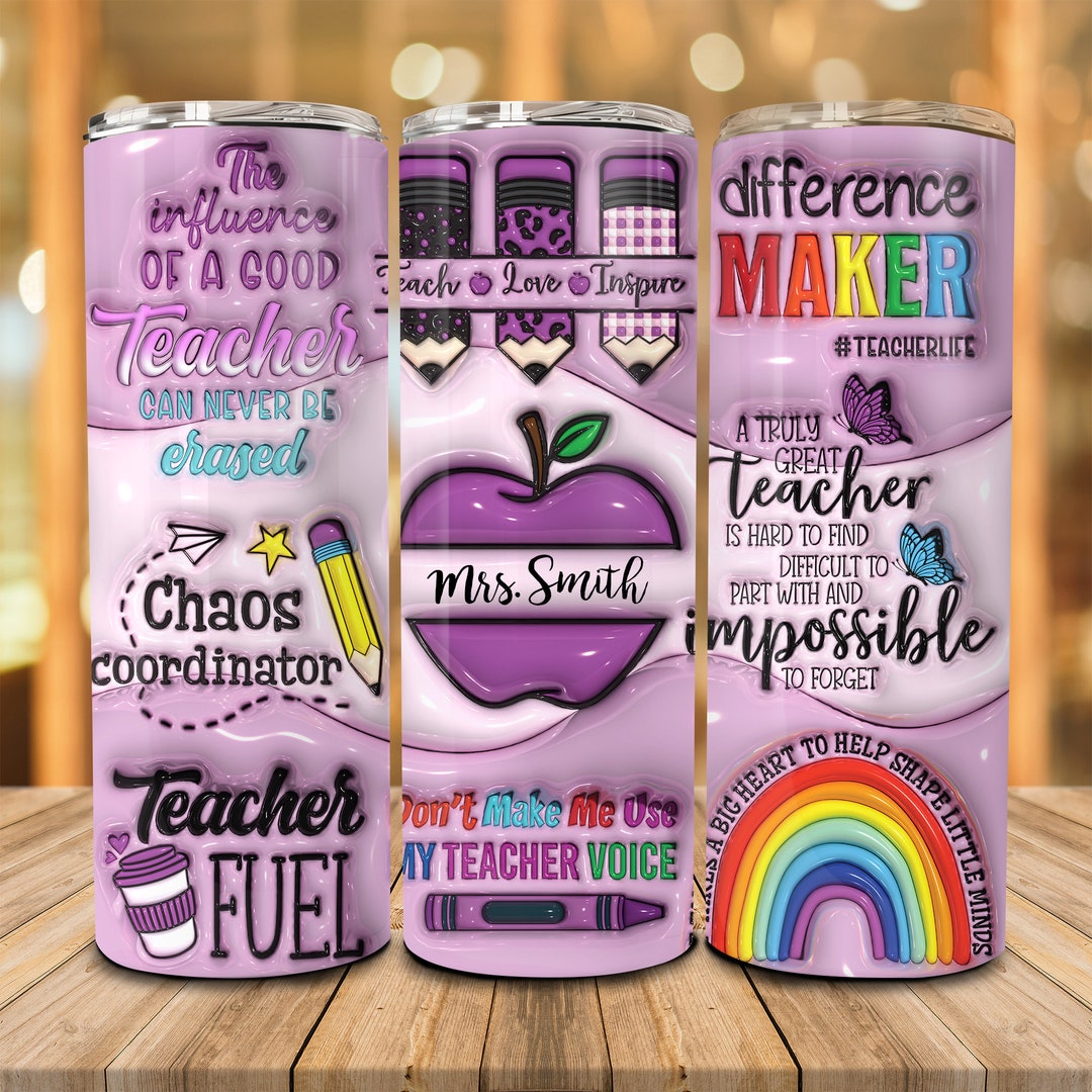 Personalized Purple Teacher 20oz Skinny Tumbler Png, 3D Inflated ...