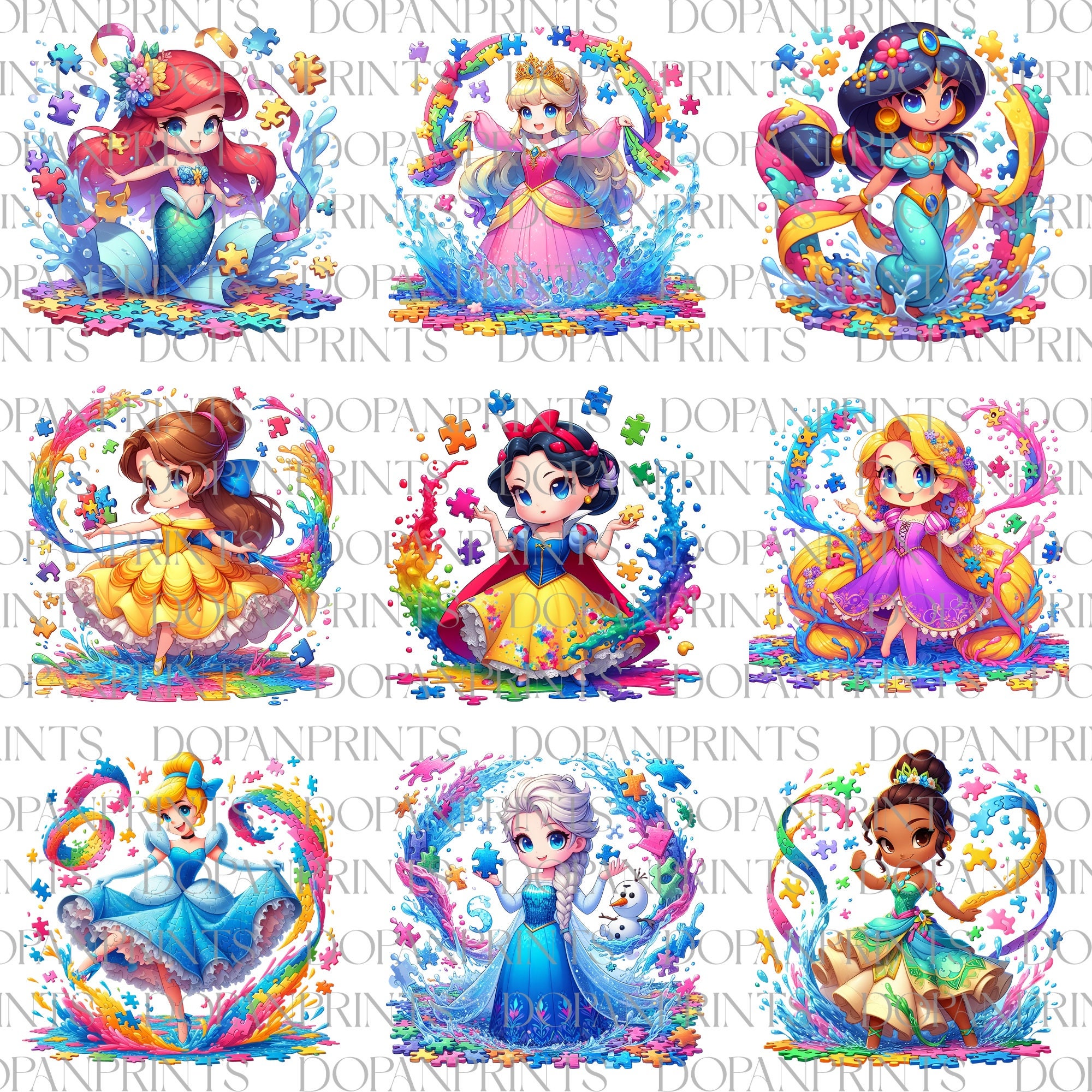 Bundle Cartoon Autism Puzzle Watercolor Splash Png, Princess Autism Png ...
