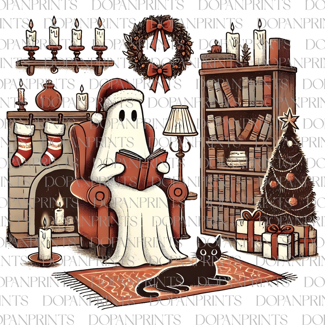 Retro Ghost Reading Books Png, Christmas Teacher Png, Librarian Ghost ...