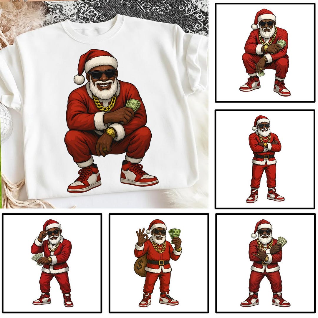 Black Santa Claus Christmas PNG Bundle, Santa Hip Hop Urban Bling Png ...