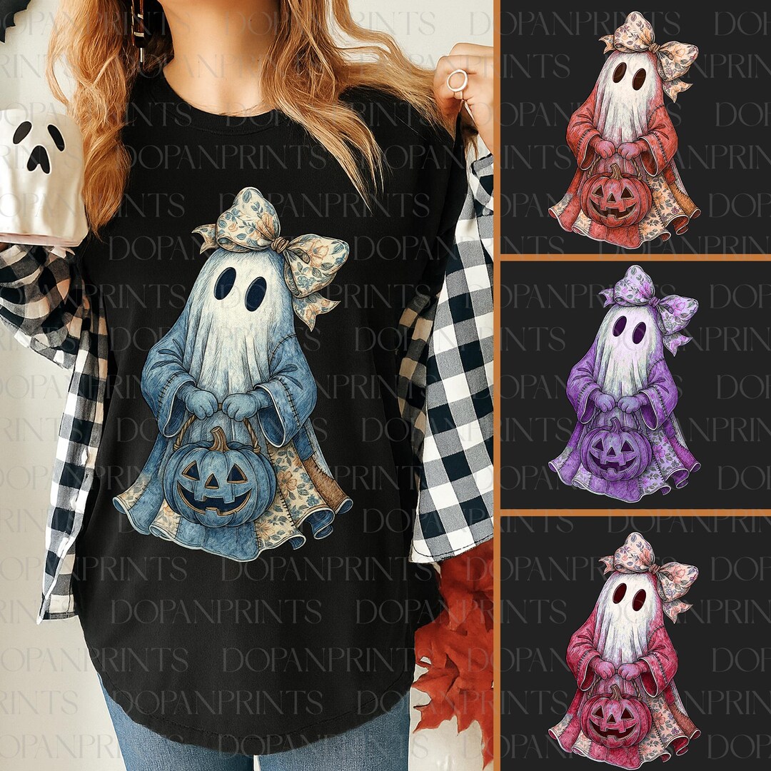 Retro Halloween Blue Denim Ghost Png Bundle, Trendy Patchwork Spooky ...