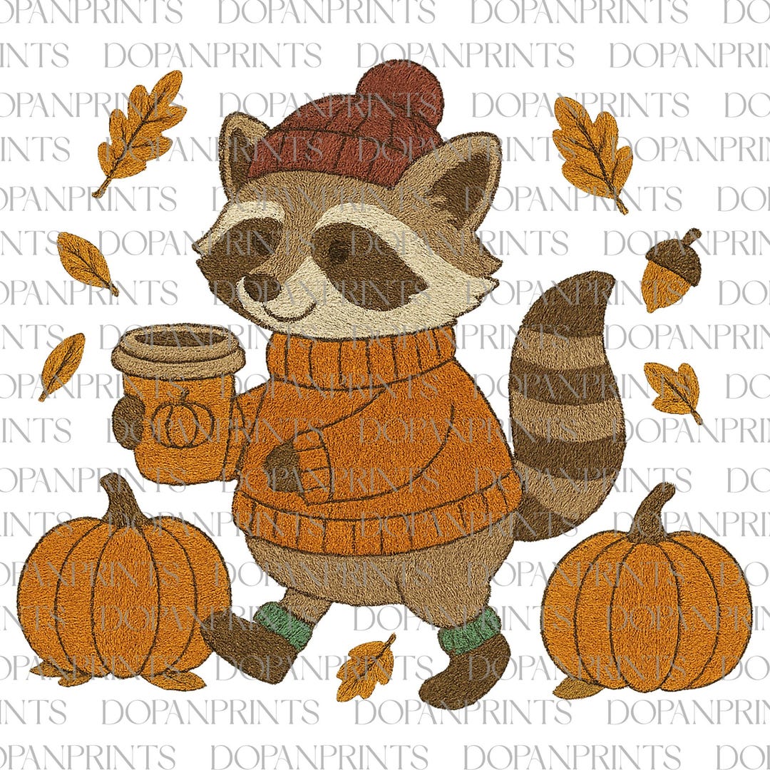 Fall Raccoon Png, Autumn Raccoon Png, Racoon Faux Embroidery PNG, Funny ...