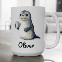 Blue and White Cute Swimming Seal Mug - Etsy