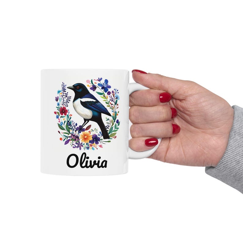 Personalized Magpie Mug, Custom Name Bird Ceramic Mug, Floral Bird ...