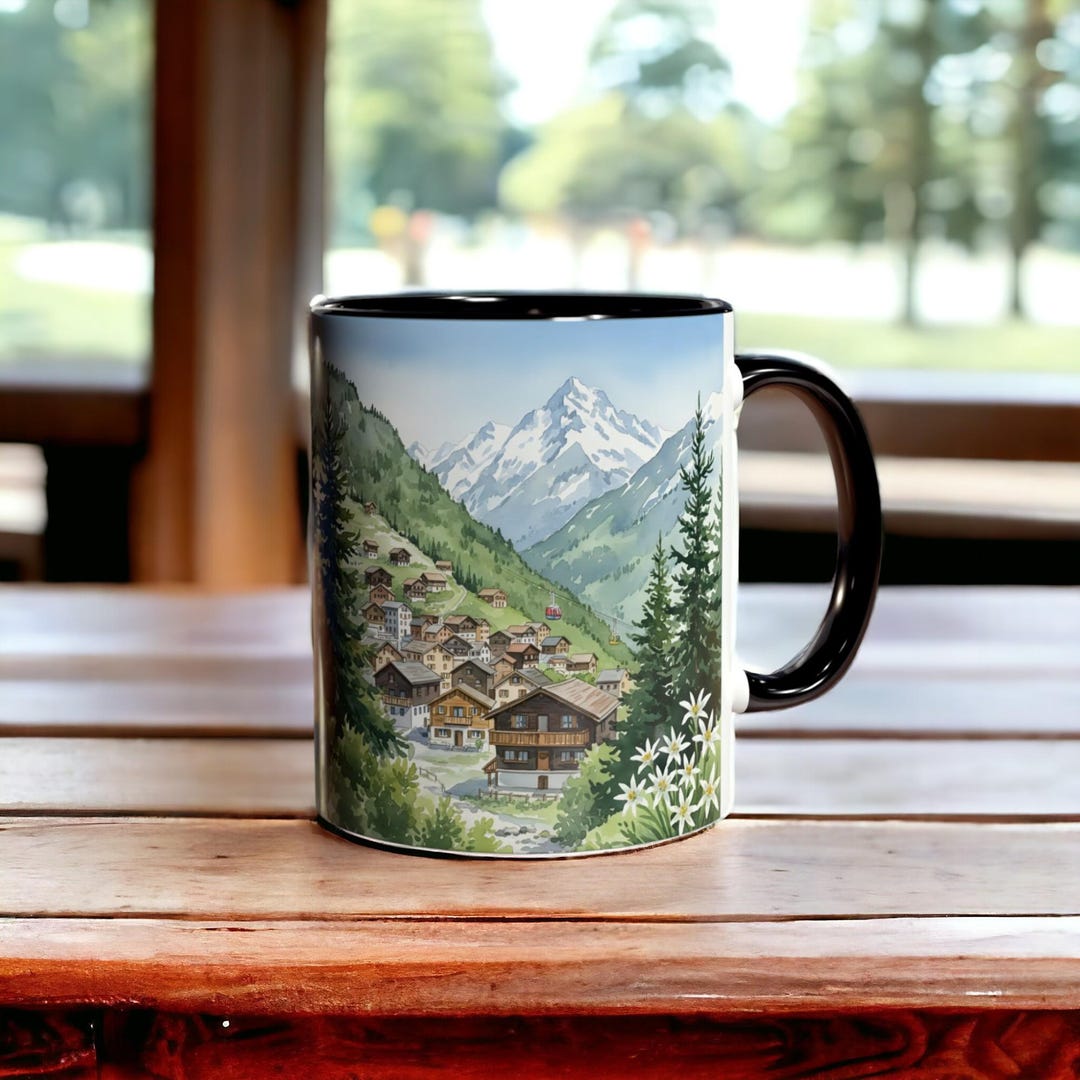 Swiss Alps Mug, Alpine Village Coffee Mug, Mountain Landscape Mug ...