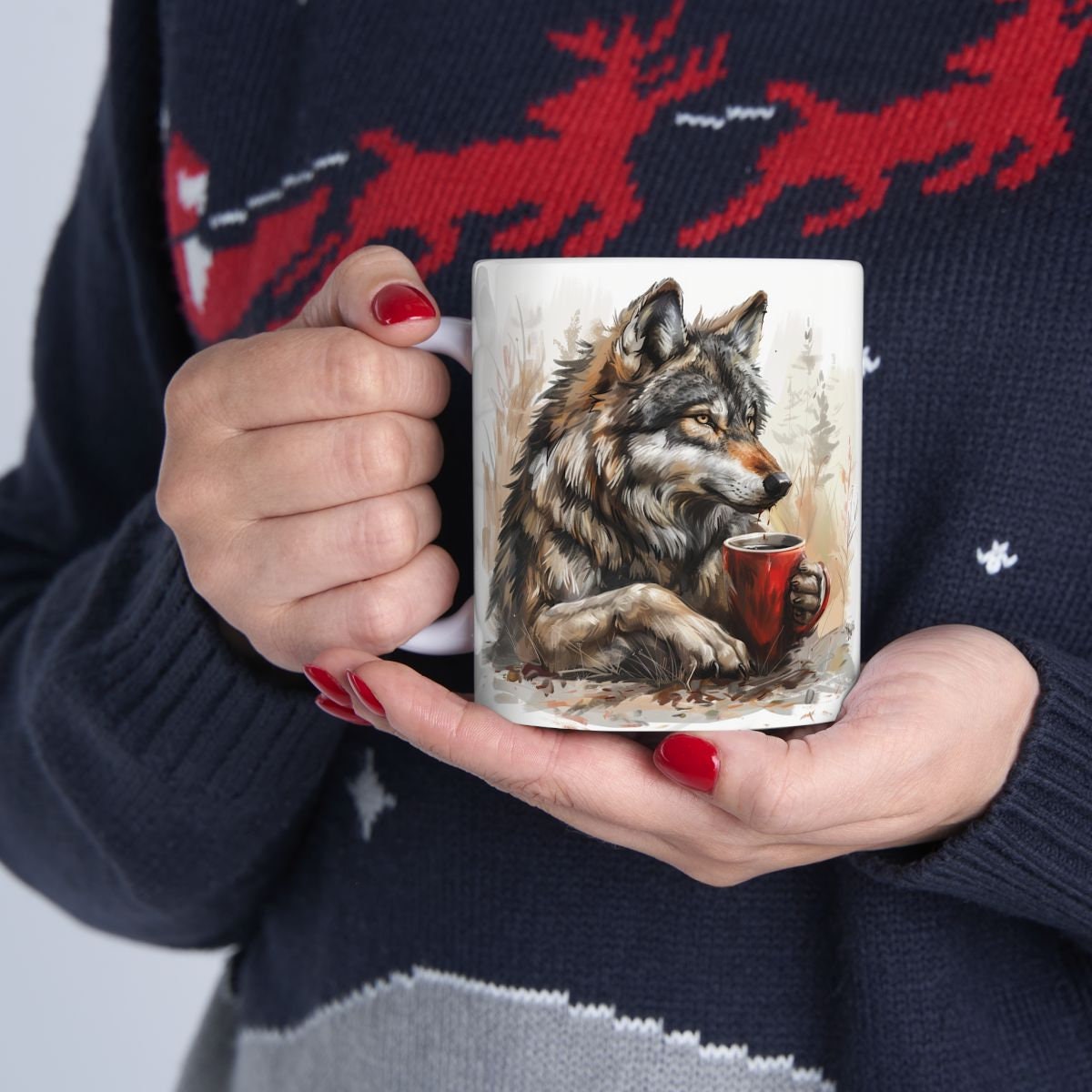 Wolf Coffee Mug, 11oz Ceramic Wolf Mug, Wolf Drinking Coffee, Wolf ...