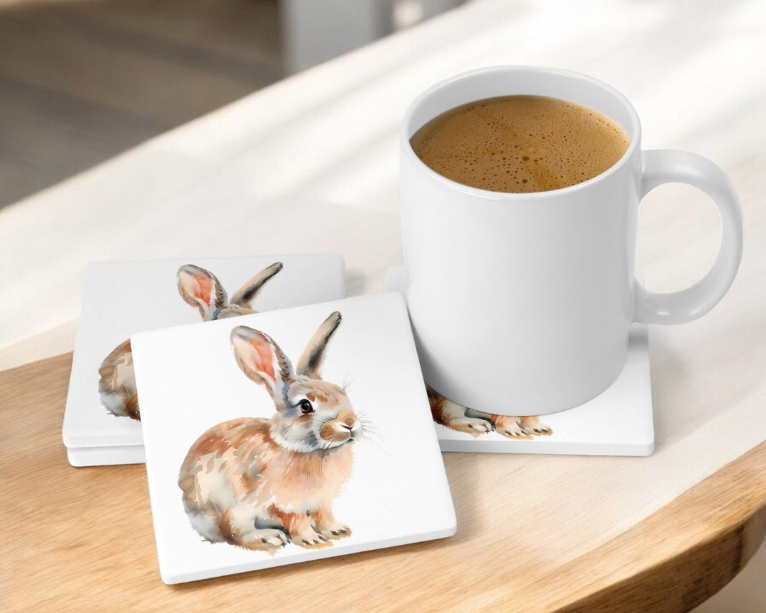 Cute Rabbit Coaster, Ceramic Coaster Cork Bottom, Bunny Rabbit Coffee ...