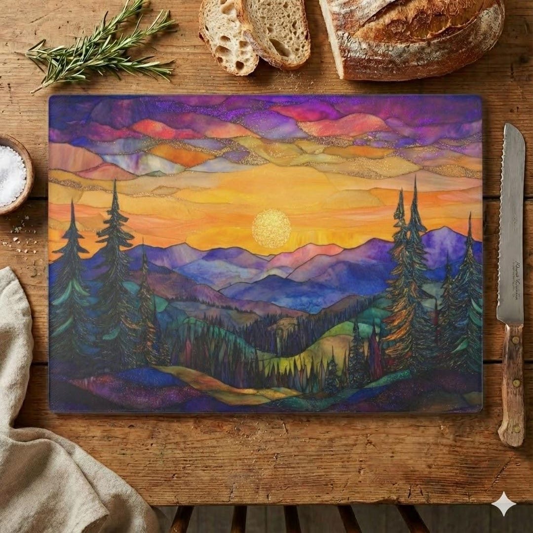 Stained Glass Sunset Mountain Cutting Board, Colorful Forest Nature Art ...