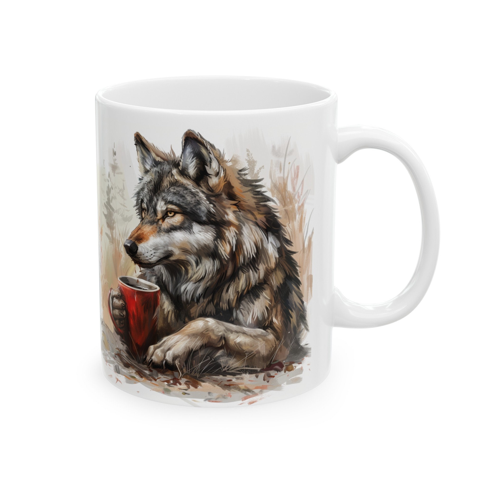 Wolf Coffee Mug, 11oz Ceramic Wolf Mug, Wolf Drinking Coffee, Wolf ...