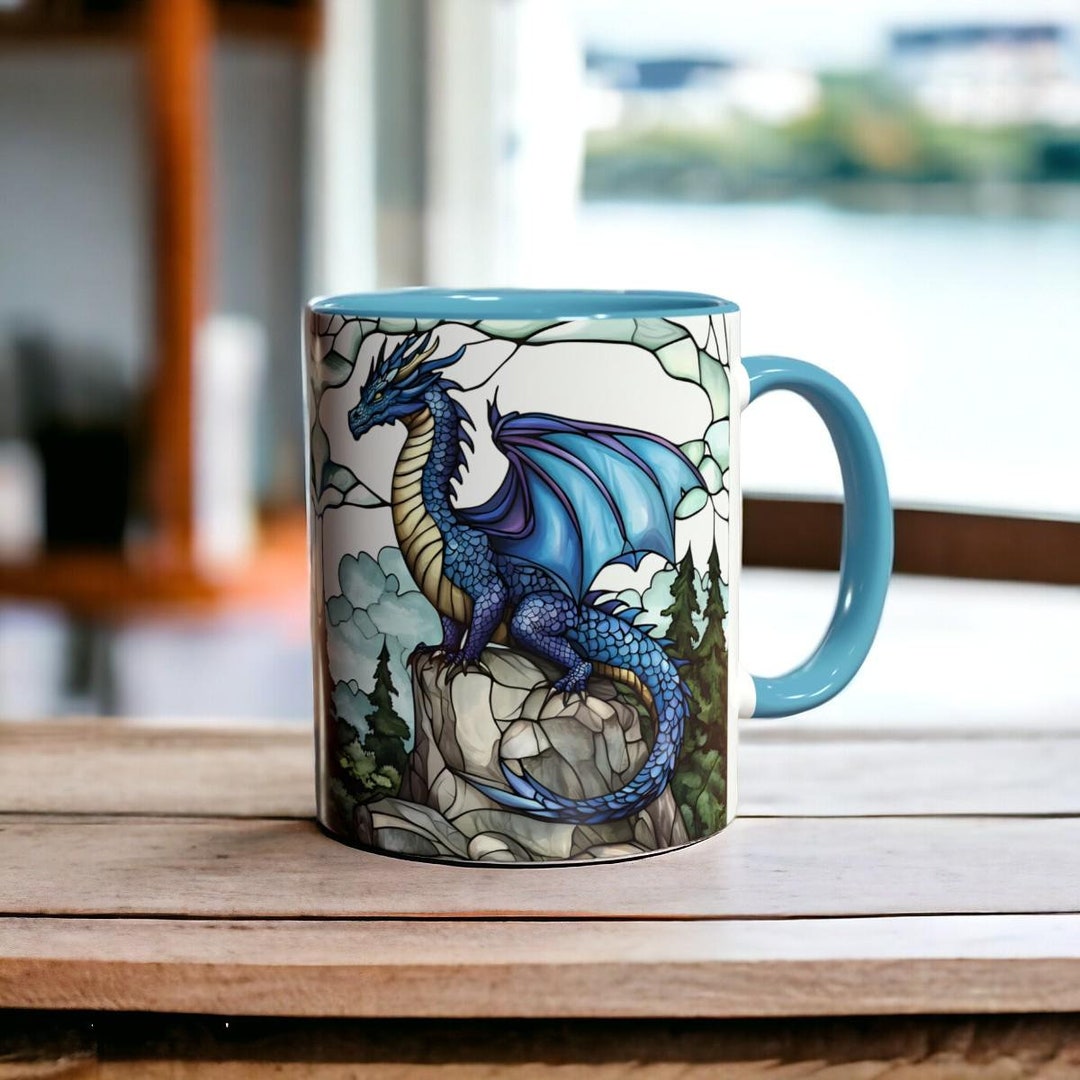 Blue Dragon Mug, Ceramic Dragon Coffee Cup 11oz, Stained Glass Dragon ...