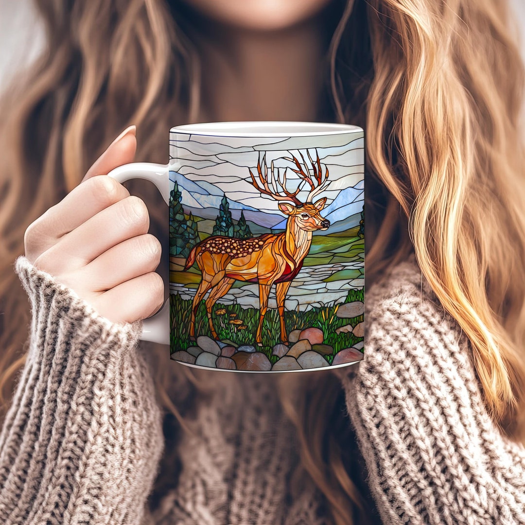 Stained Glass Deer Mug, 11oz Ceramic Forest Animal Coffee Mug ...