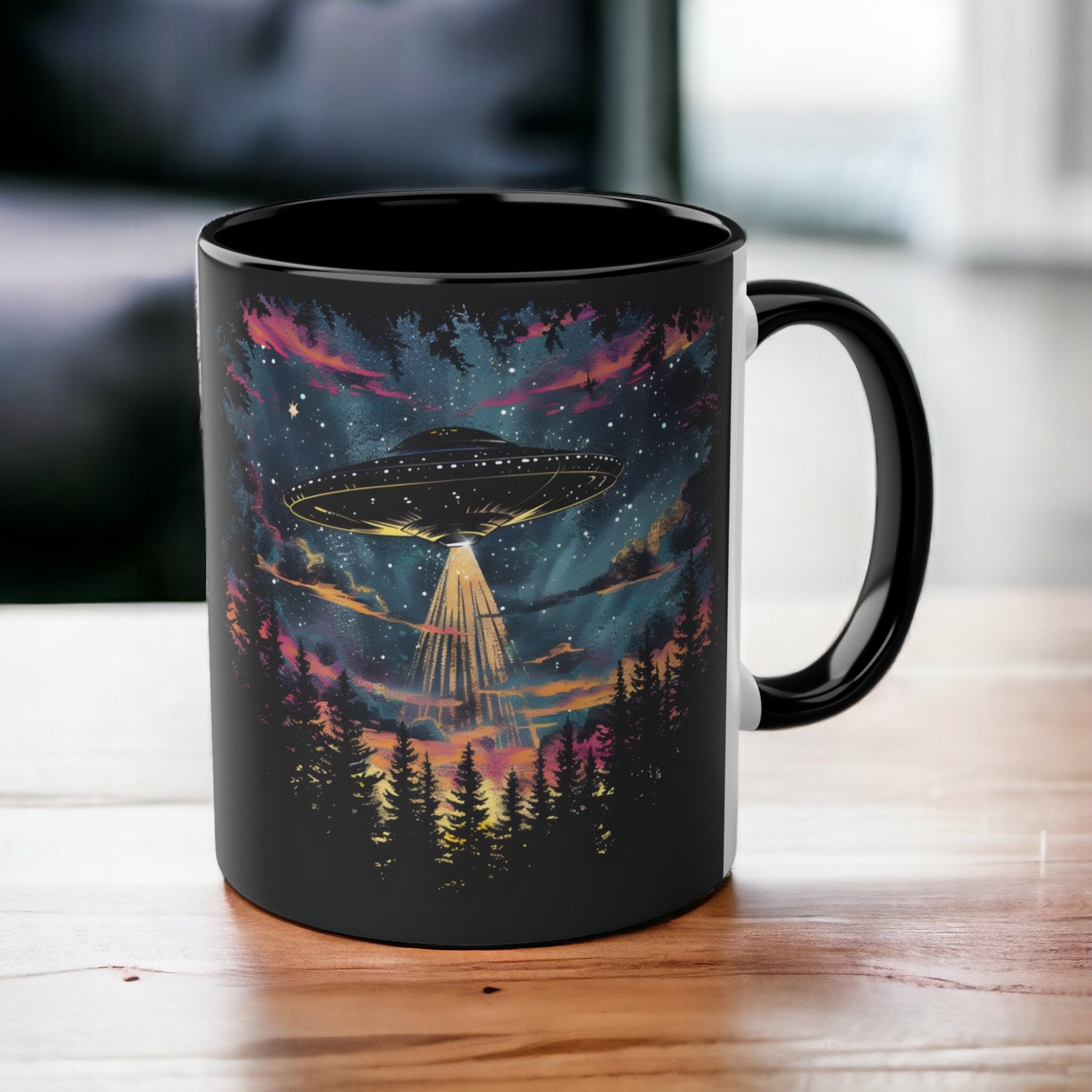Alien Ship Coffee Mug, Ceramic UFO Mug, UFO Over Forest 11oz Alien Mug ...
