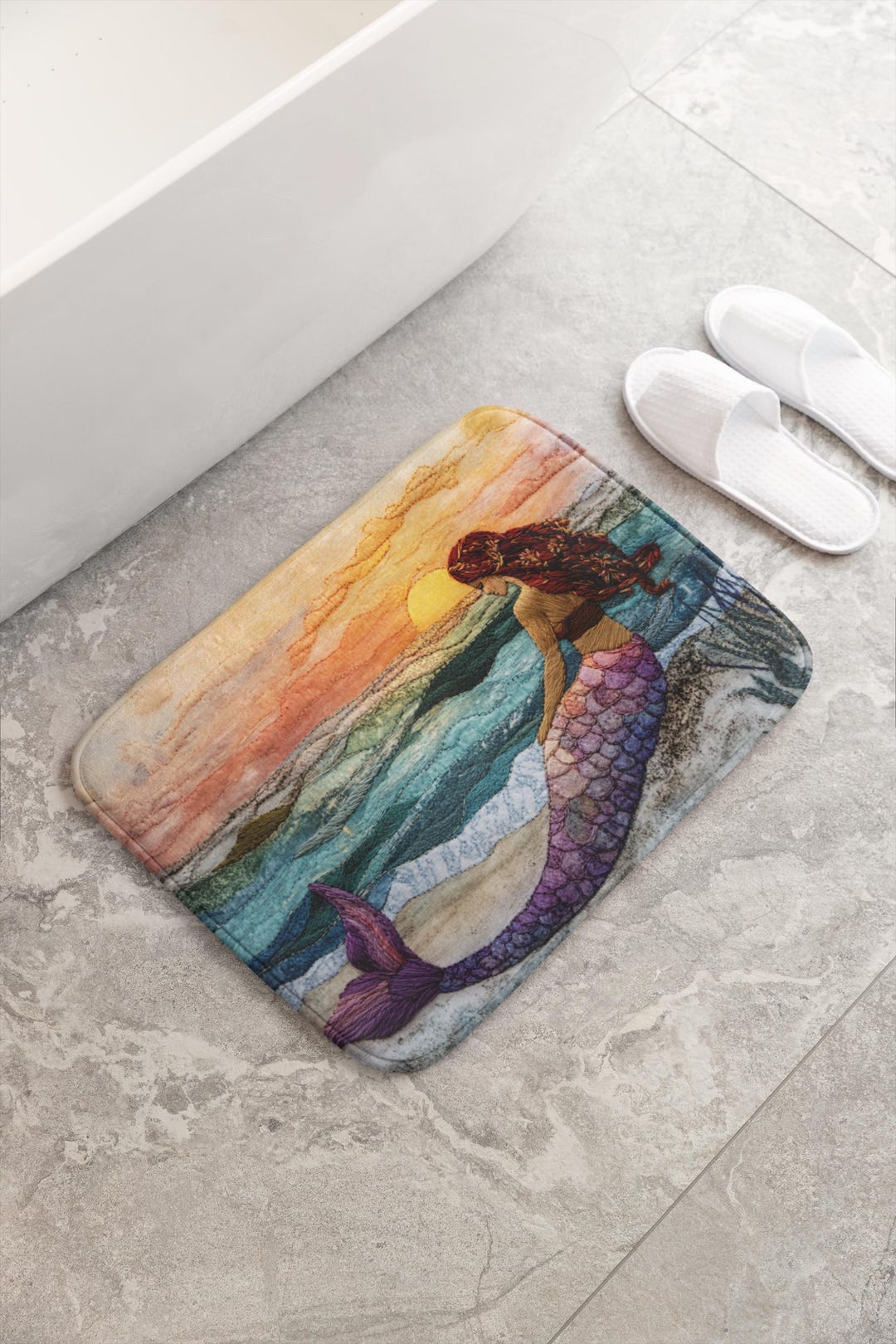 Mermaid Bath Mat, Sunset Ocean Themed Bathroom Floor Rug, Mermaid ...