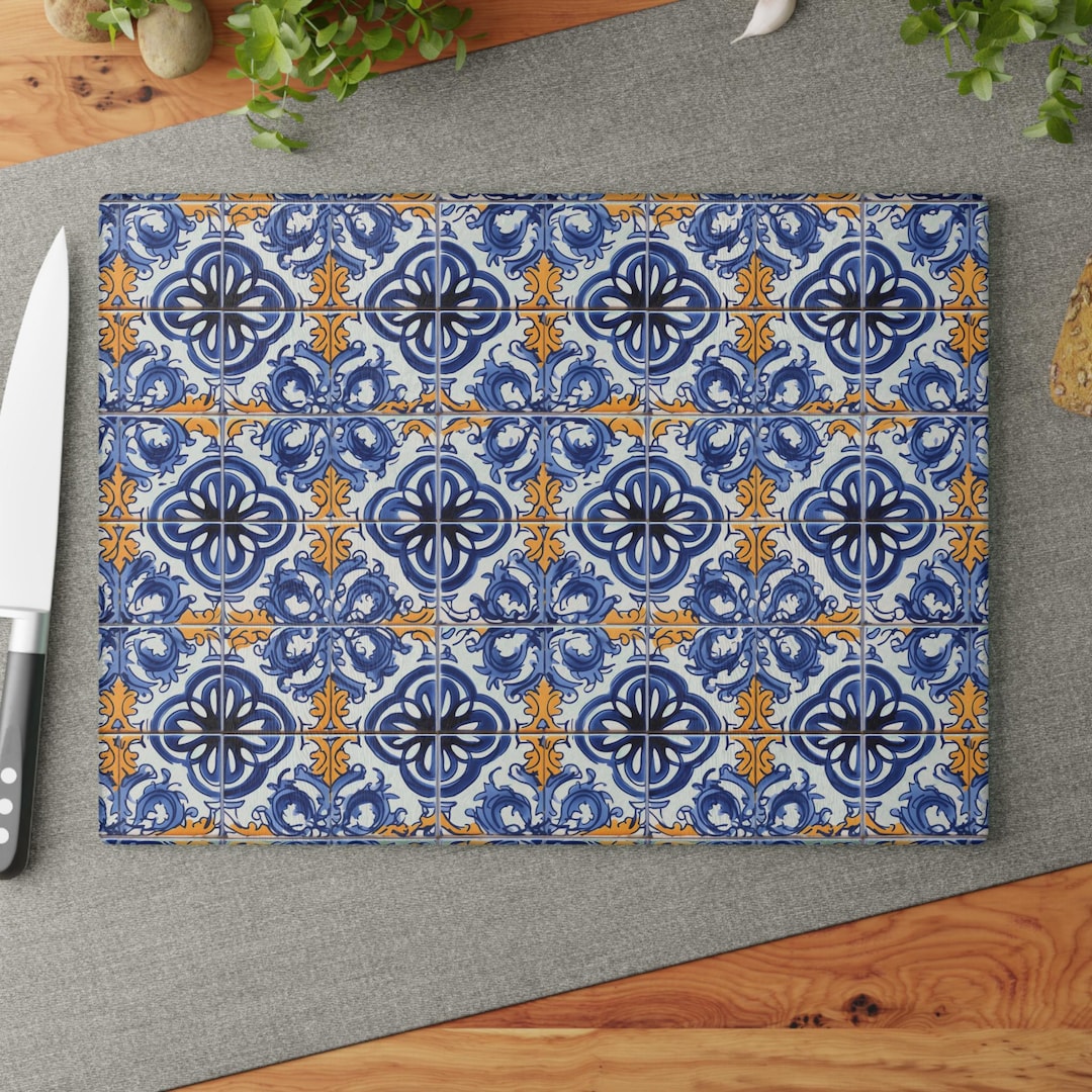 Mediterranean Tile Glass Cutting Board, Spanish Kitchen Decor, Rustic ...