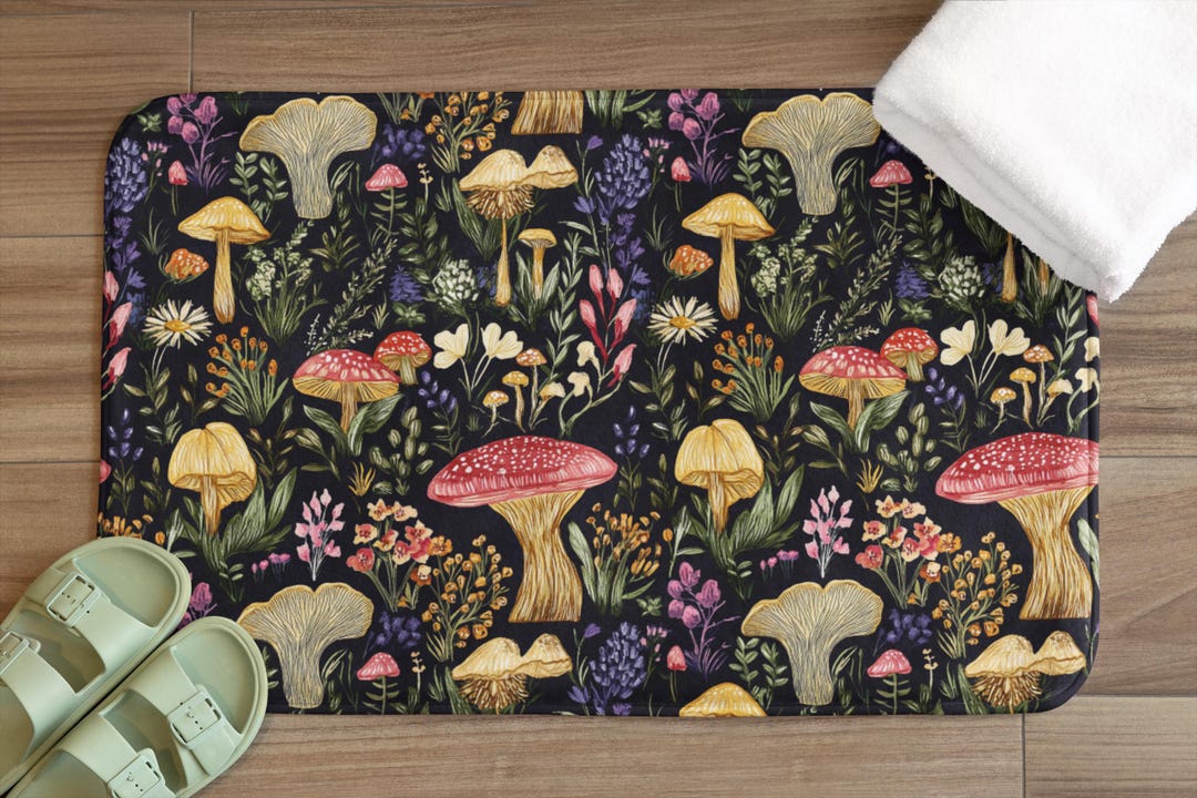 Mushroom Bath Mat, Cozy Botanical Bathroom Rug, Cottagecore Forest ...