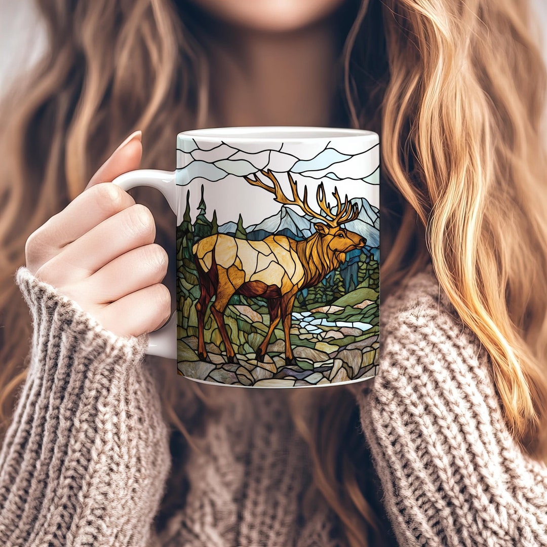 Stained Glass Elk Mug, Wildlife Elk Coffee Mug, Rustic Nature Ceramic ...