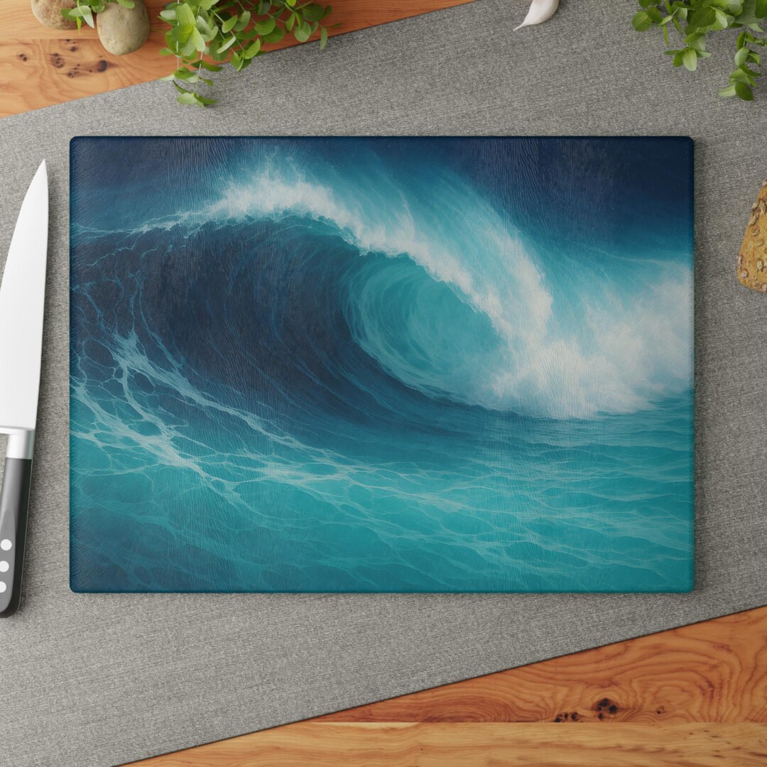 Ocean Wave Glass Cutting Board, Coastal Kitchen Decor, Blue Sea ...