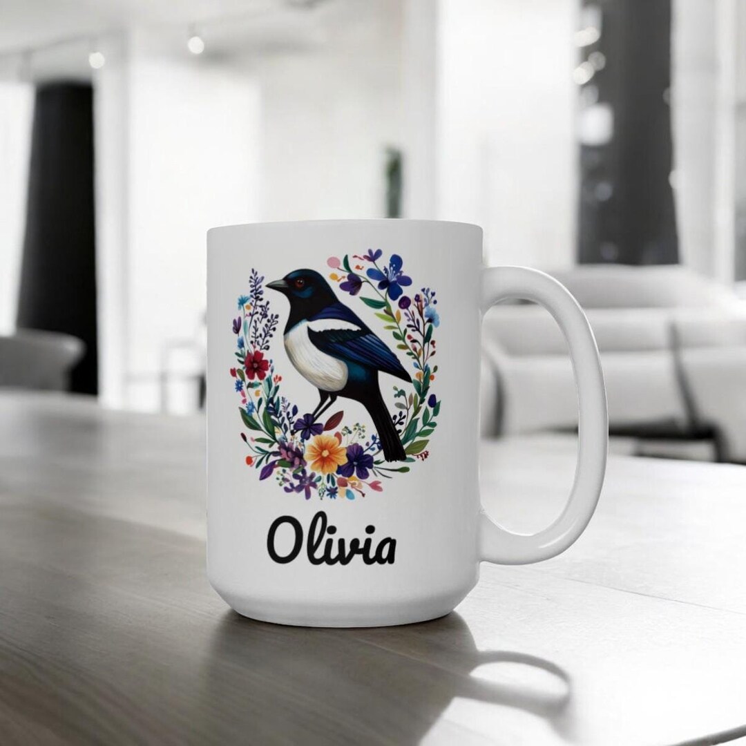 Personalized Magpie Mug, Custom Name Bird Ceramic Mug, Floral Bird ...