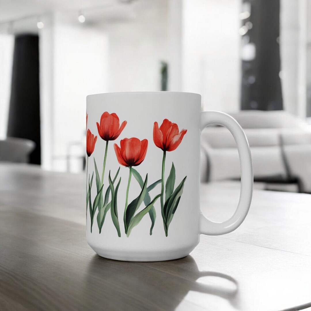 Red Tulips Mug, Ceramic Tulip Coffee Cup 11oz 15oz, Springtime Coffee ...