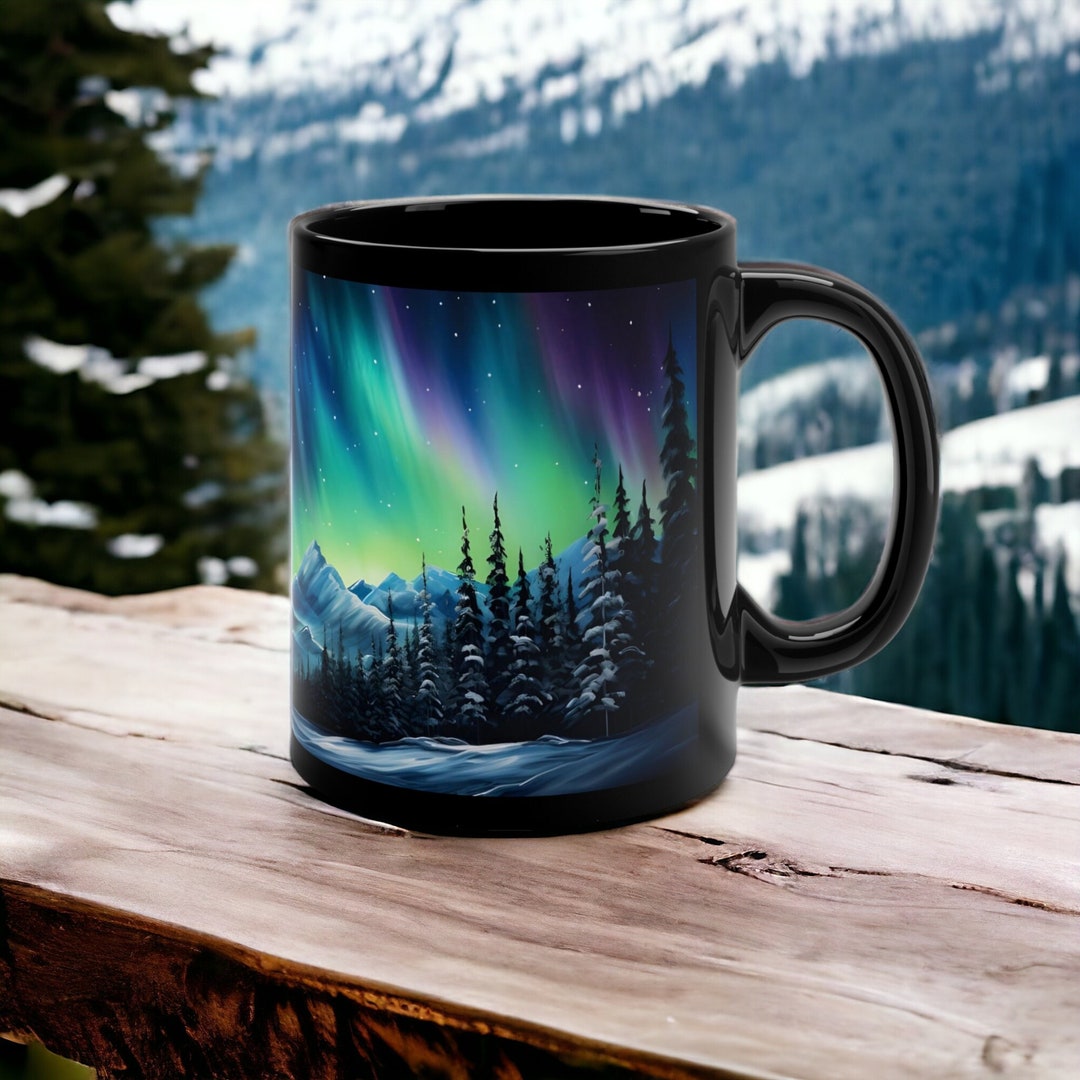 Northern Lights Coffee Mug, Ceramic Aurora Mug, Aurora Borealis Cup, Snowy Forest Mug, Polar ...