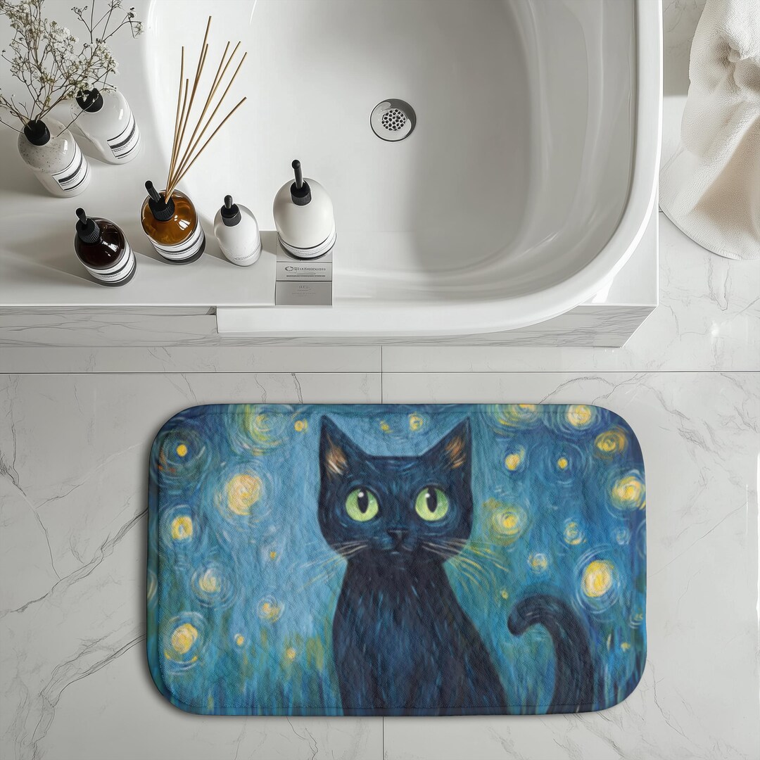 Black Cat Bathroom Mat, Starry Night-inspired Cat Art, Unique Cat Bath ...