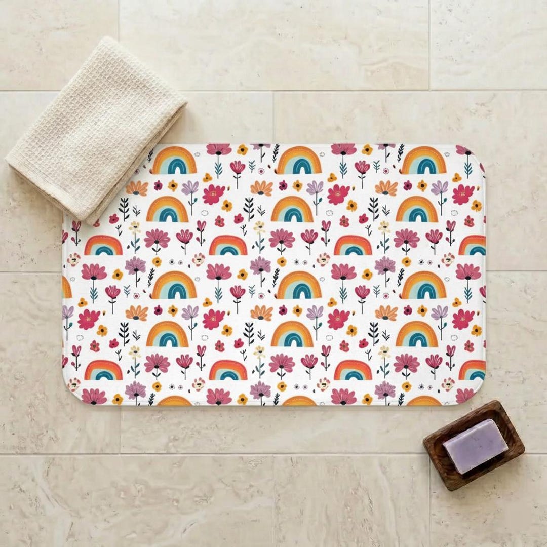 Boho Rainbow Flower Bath Mat, Cute Kids Bathroom Decor, Pink Floral ...