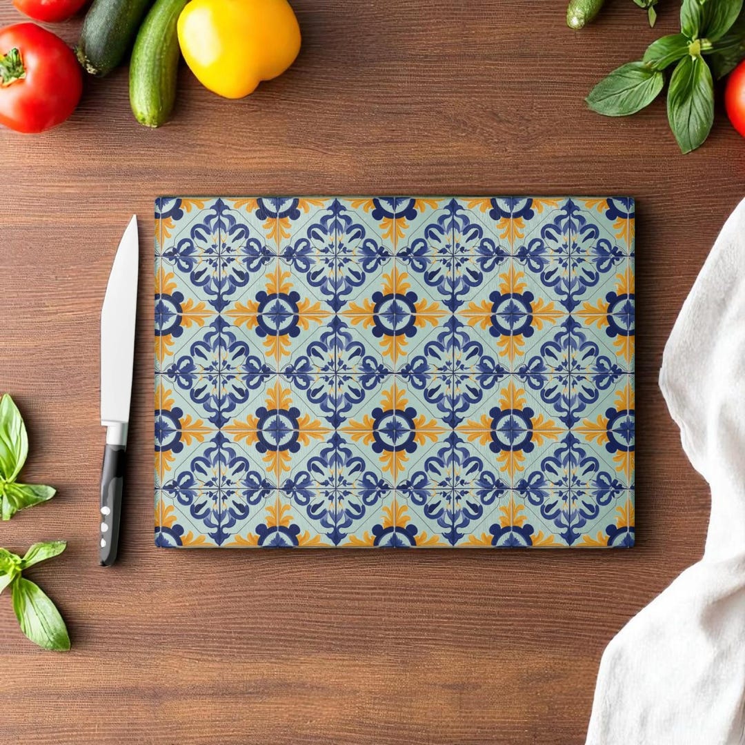 Mediterranean Tile Glass Cutting Board, Blue Yellow Kitchen Decor ...