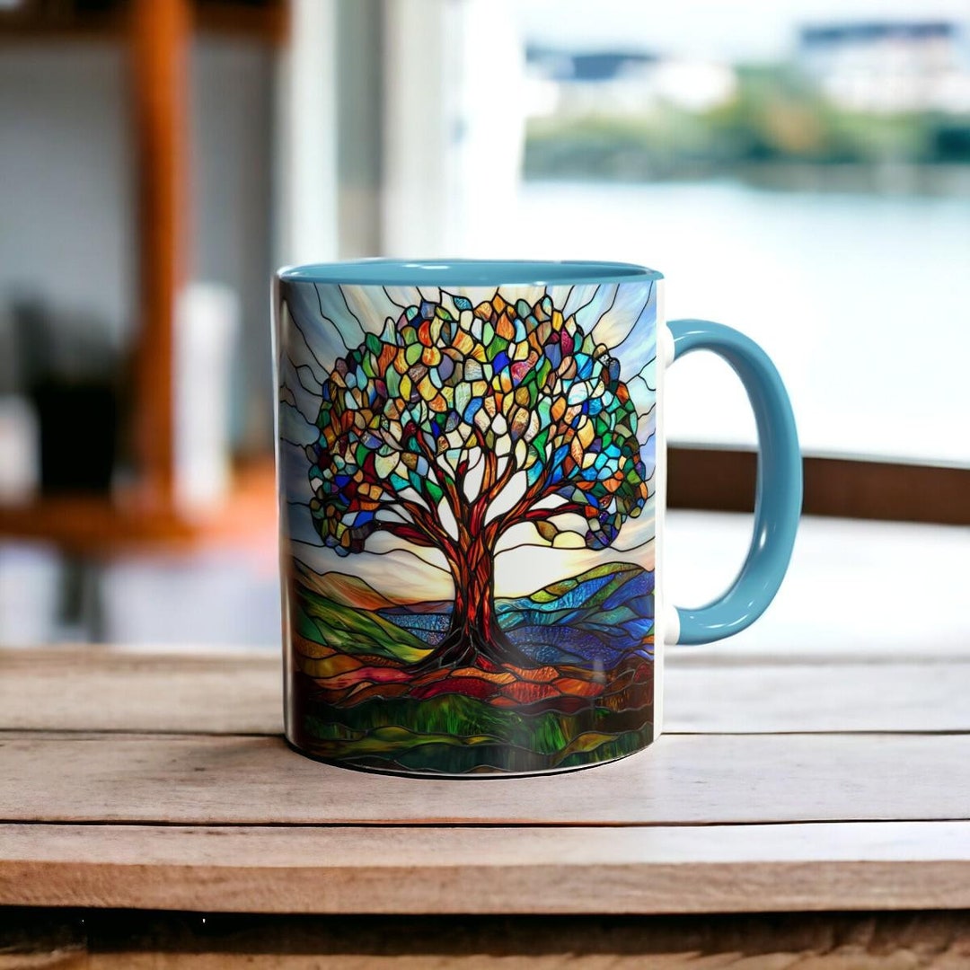 Stained Glass Tree of Life Mug, 11oz Ceramic Nature Themed Coffee Mug ...