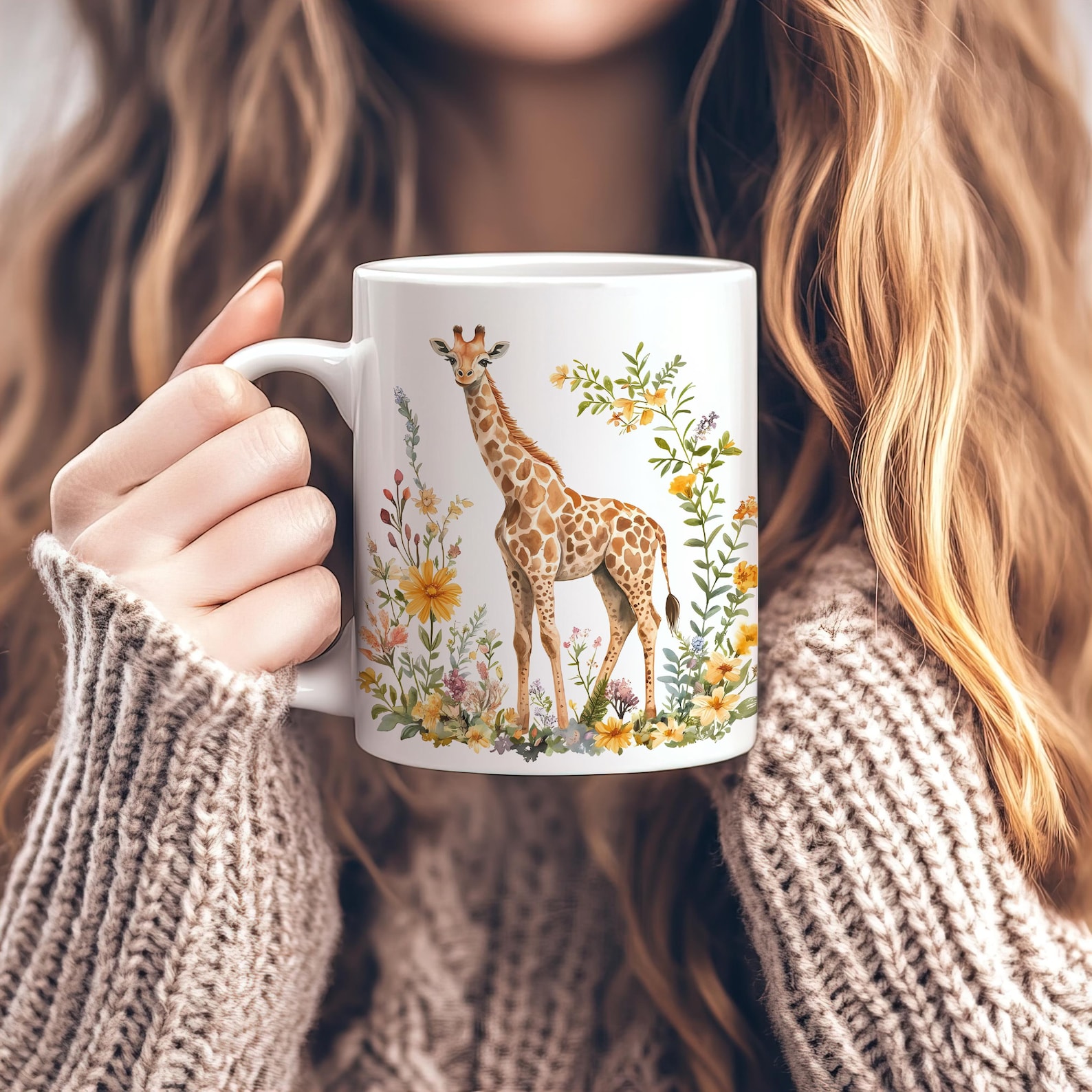 Floral Giraffe Mug, Cute Giraffe Flowery Cup, 11oz Ceramic Giraffe ...