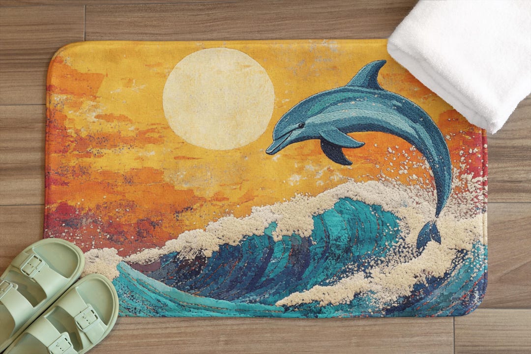 Dolphin Bath Mat, Ocean Wave Bathroom Decor, Coastal Beach Theme Rug ...