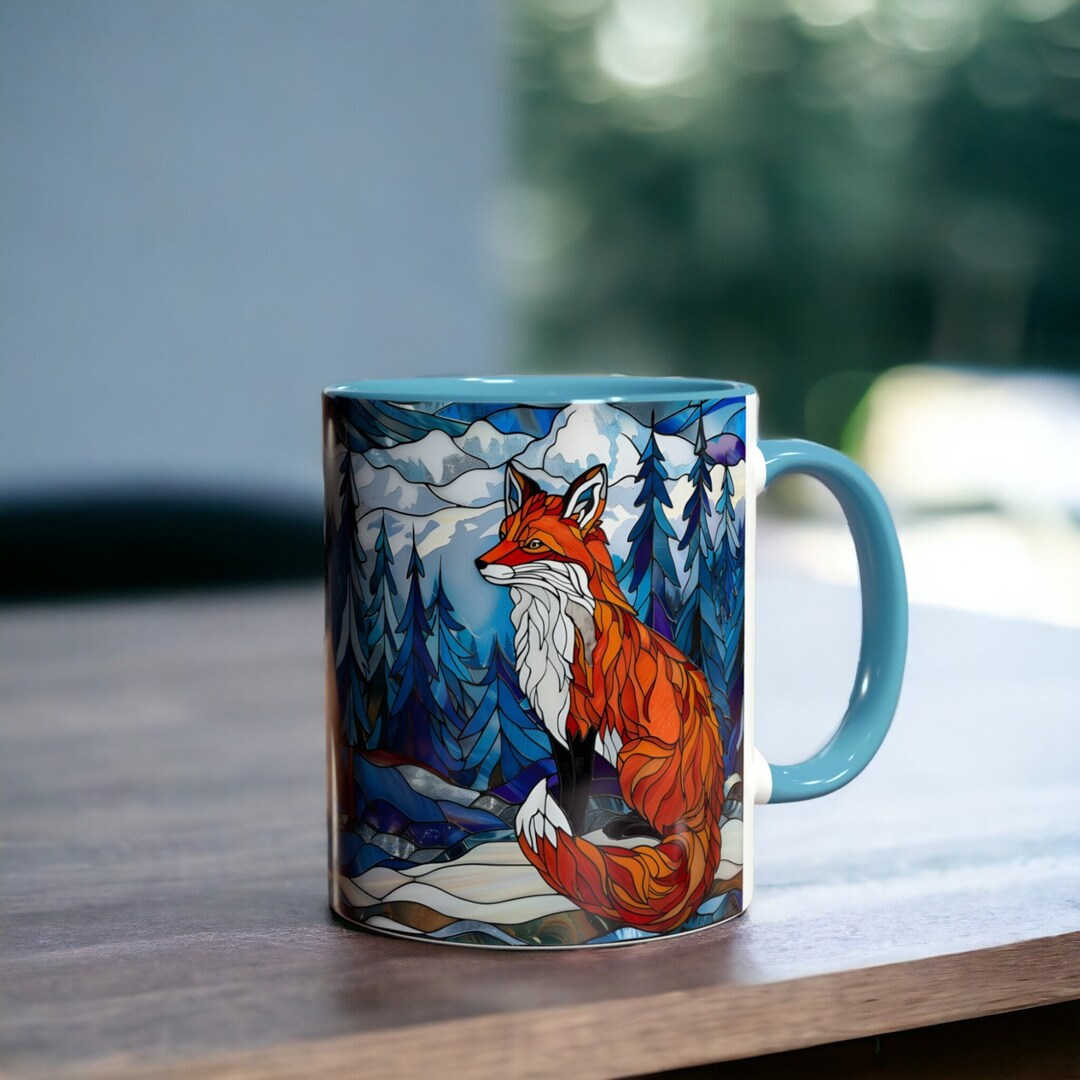 Snowy Fox Mug, Ceramic Fox Coffee Mug, 11oz Stained Glass Style Ceramic ...