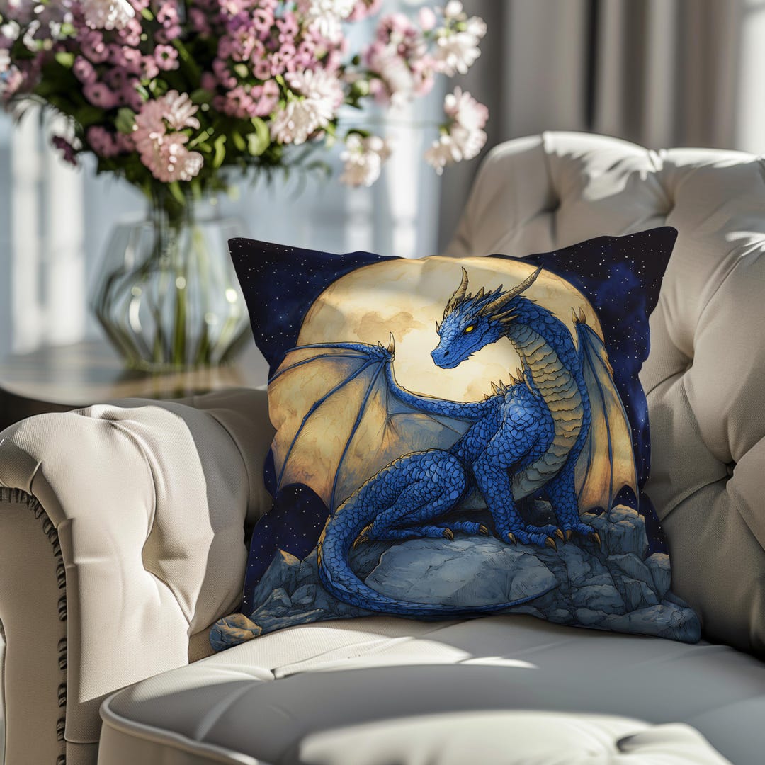 Blue Dragon Pillow, Fantasy Decor Cushion, Mythical Creature Throw ...