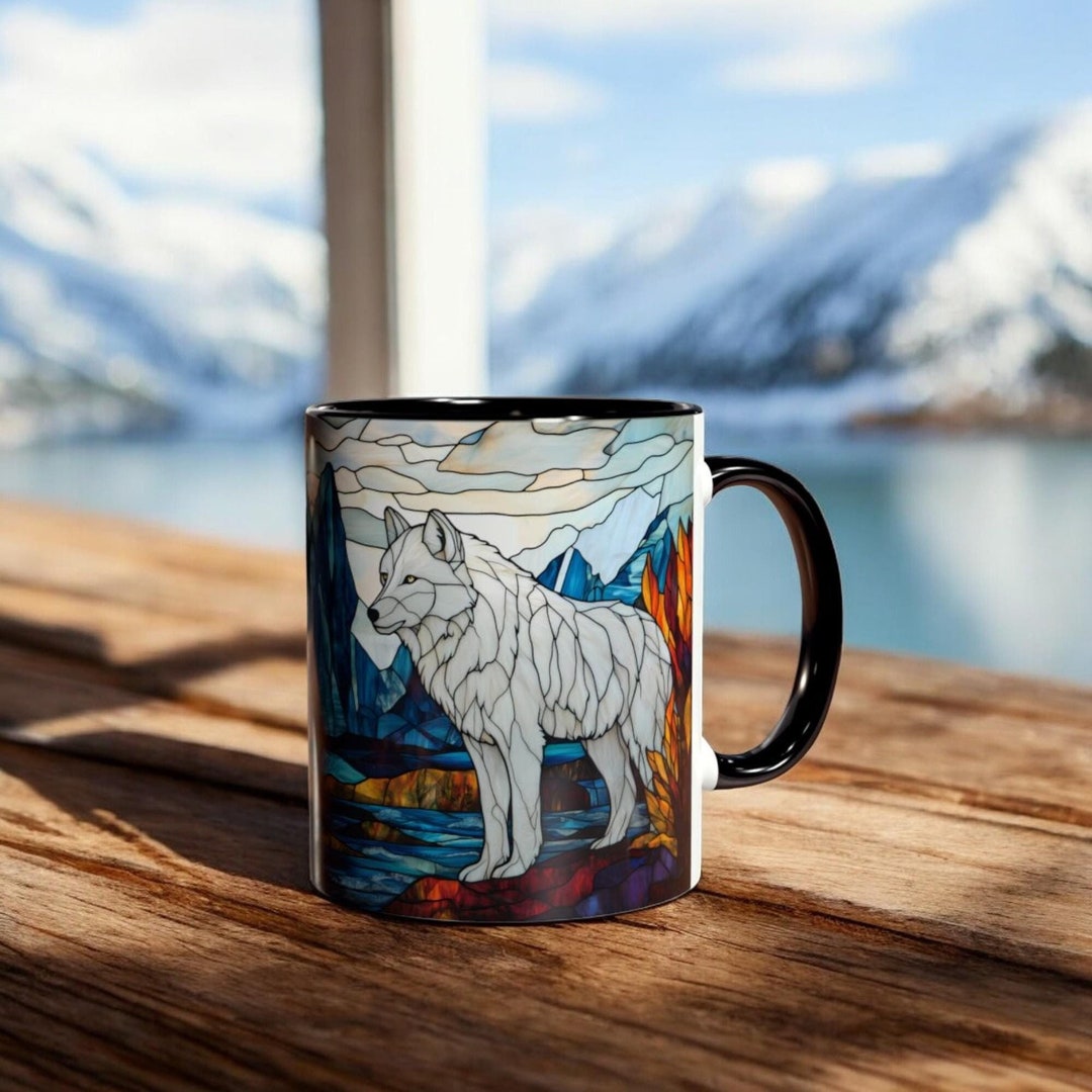 Stained Glass White Wolf Mug, Ceramic Wolf Cup 11oz, Arctic Animal ...