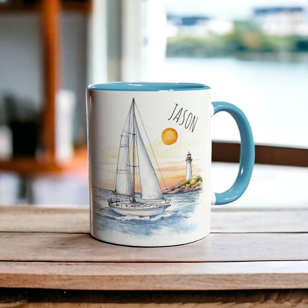 Personalized Sailboat Mug, Custom Name Sailing Mug, 11oz Coastal Gift ...