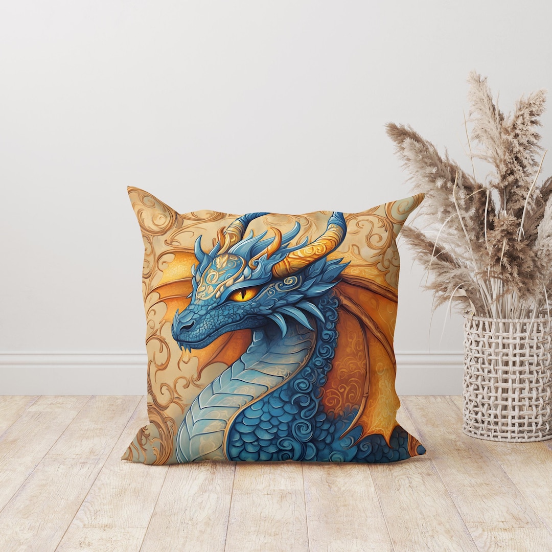 Blue Dragon Pillow, Fantasy Dragon Decor, Gothic Dragon Cushion, Book ...