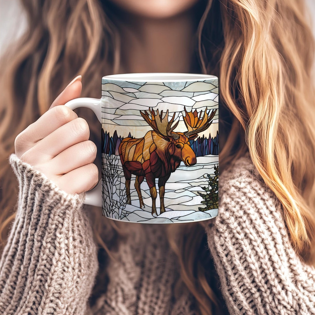 Stained Glass Moose Mug, 11oz Ceramic Wildlife Coffee Mug, Moose Art ...
