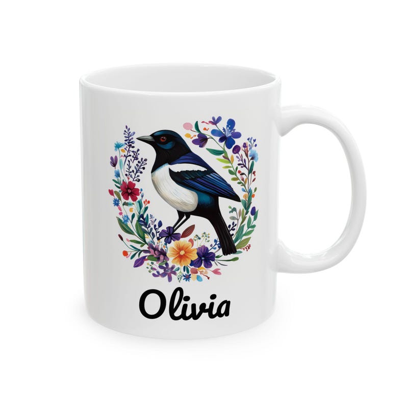 Personalized Magpie Mug, Custom Name Bird Ceramic Mug, Floral Bird ...