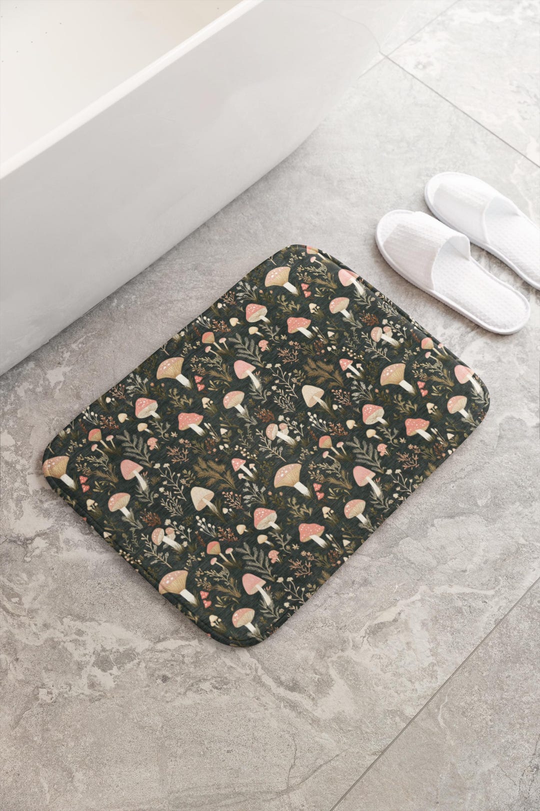 Cottagecore Mushroom Bath Mat, Dark Forest Botanical Bathroom Rug ...